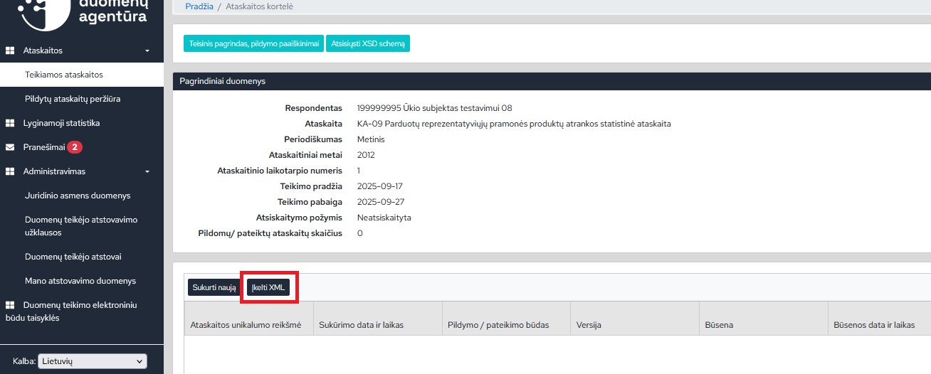 Ataskaitų teikimas XML formatu - Valstybės duomenų agentūra